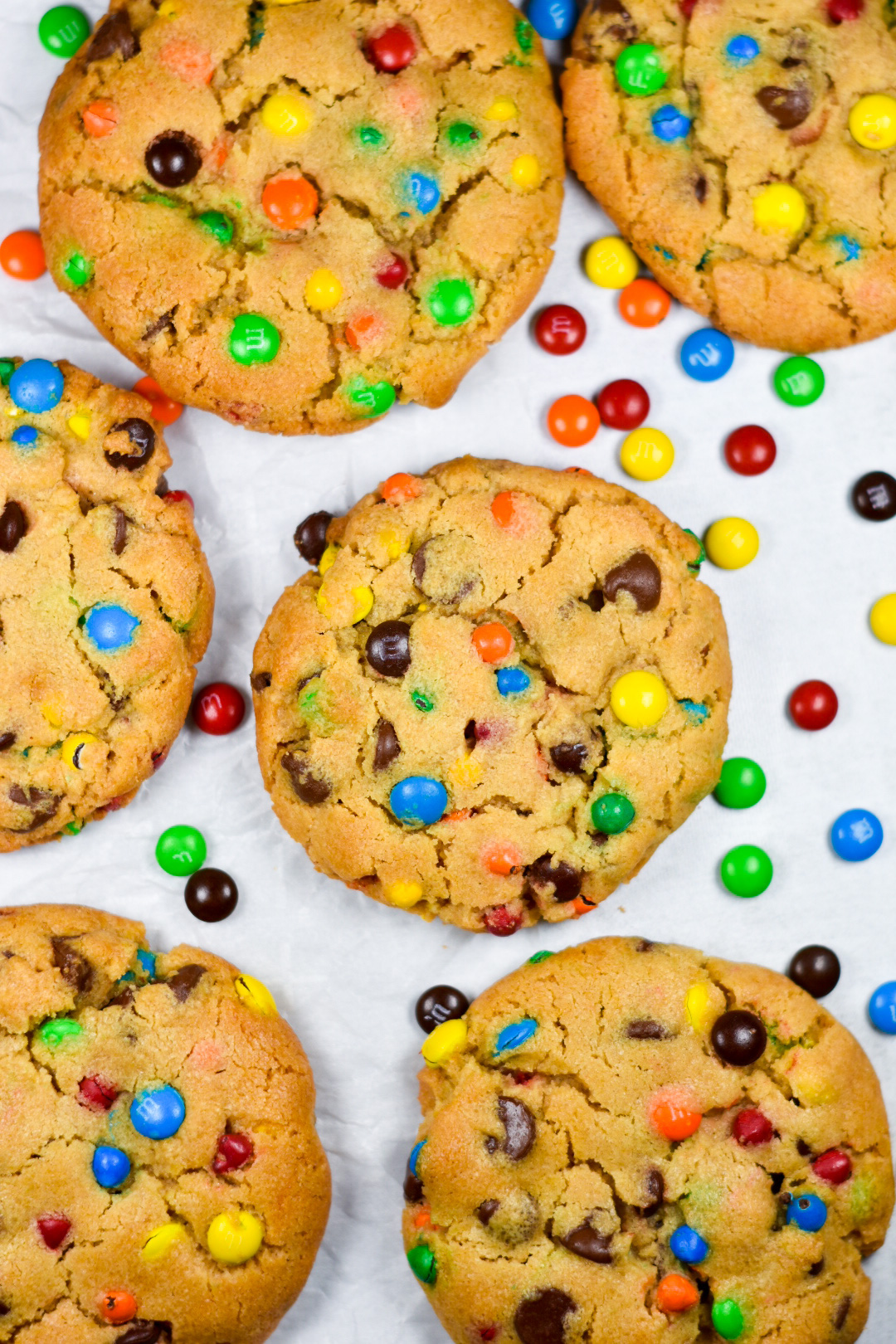 Rainbow M&M Peanut Butter Cookies • baste cut fold