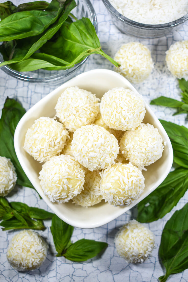 Coconut White Chocolate Truffles with Basil • baste cut fold