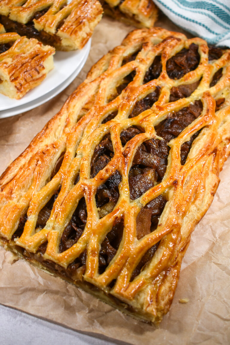 Lattice Pastry with Cheese and Caramelized Onions • baste cut fold